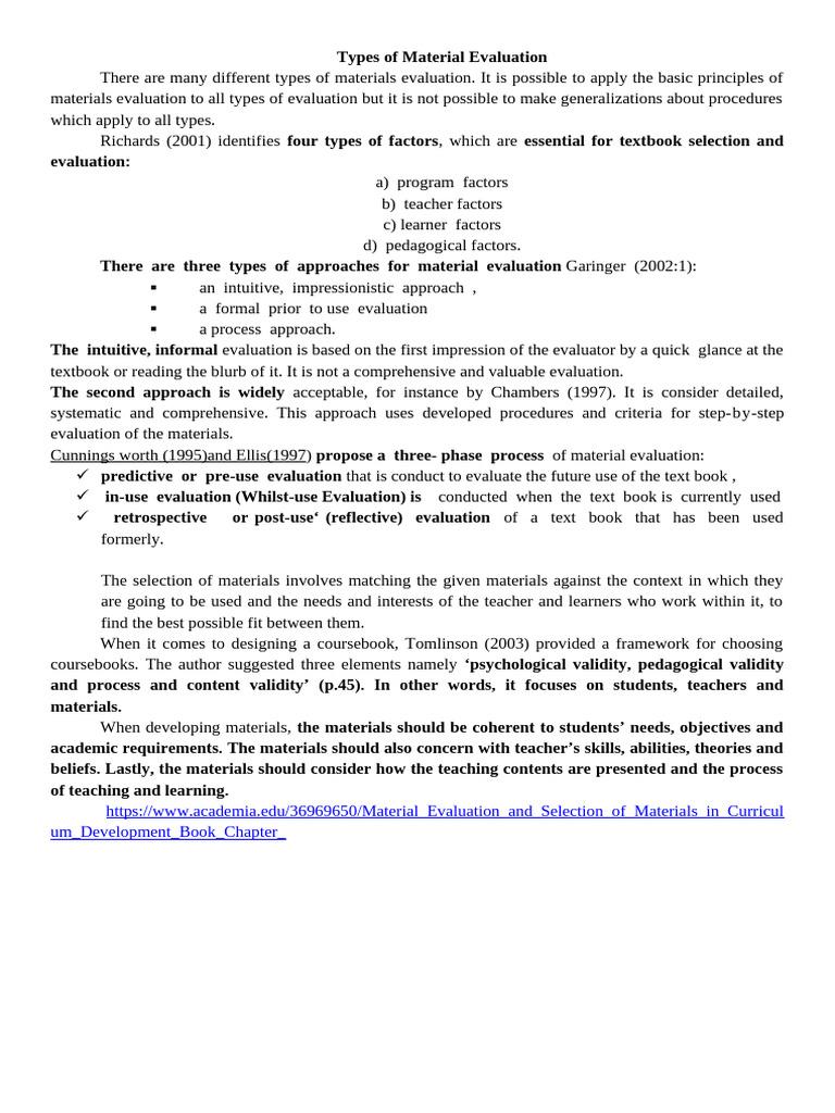 Material Evaluation Approaches Explained | PDF | Evaluation | Learning
