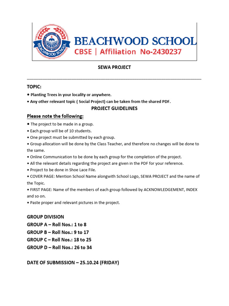 SEWA Project Guidelines for Class 12 | PDF