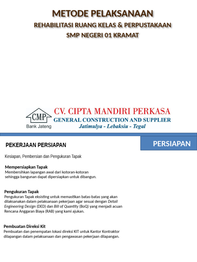 Metode Pelaksanaan Rehab Ruang Kelas & Perpus SMP Negeri 01 Kramat | PDF