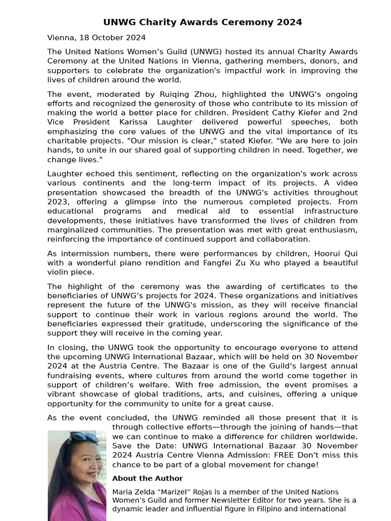 Press Release - UNWG Charity Awards Ceremony 2024 - Marizel Rojas | PDF ...