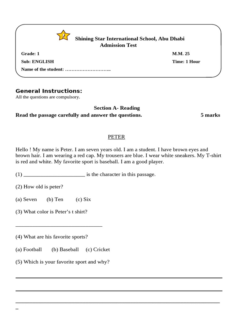 Grade 1 Admission Test Sample Paper | PDF