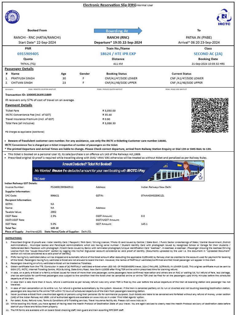 Ticket Ranchi to Patna | PDF | Identity Document