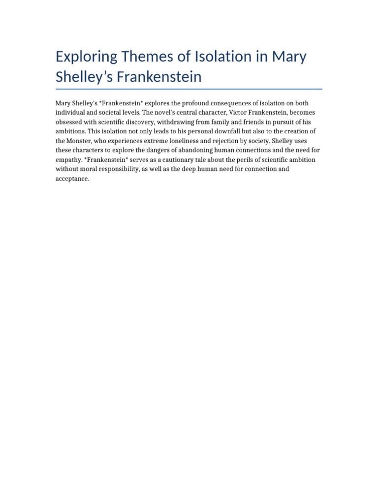 Revised Exploring Themes of Isolation in Mary Shelley's Frankenstein ...