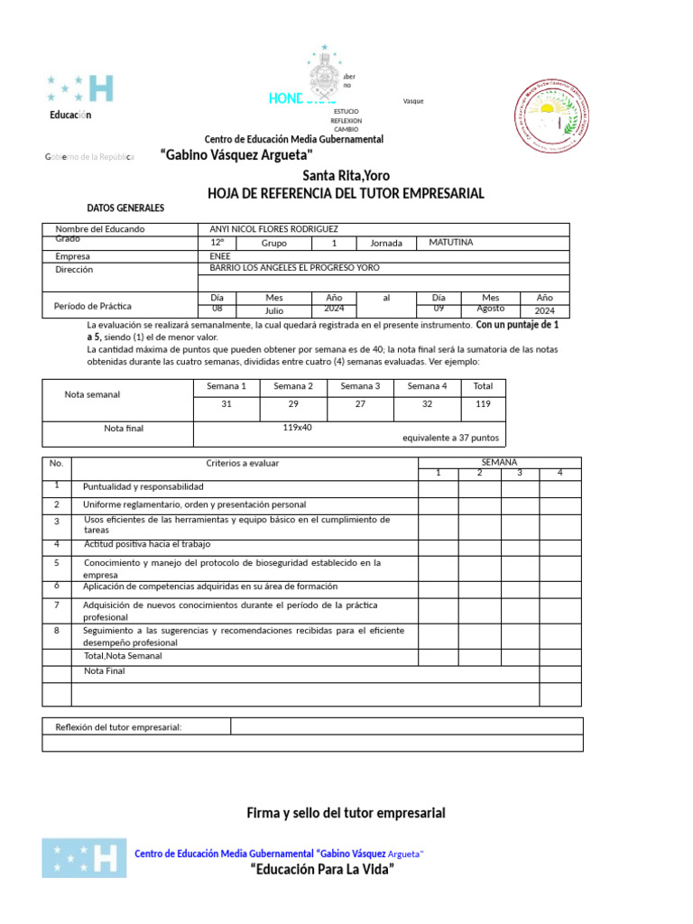 evaluacion HOJA DE REFERENCIA DEL TUTOR EMPRESARIAL 2024 (1) | PDF | Honduras | Business