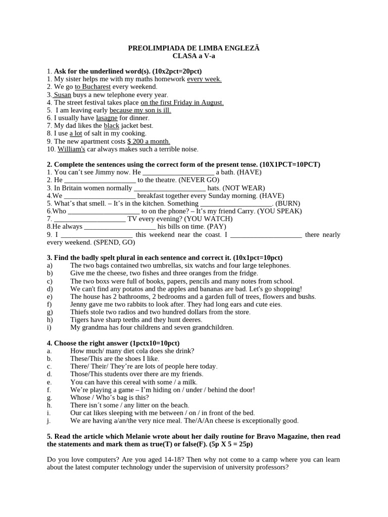 Subiect Preolimpiada - Limba Engleza | PDF