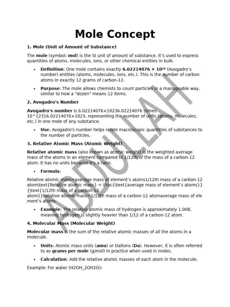 Mole Concept | PDF | Mole (Unit) | Quantity