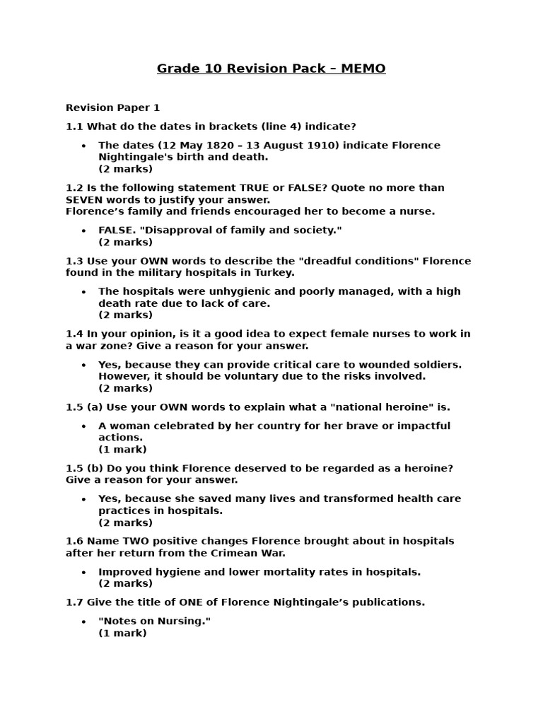 Revision Pack Memo | PDF | Nursing | Florence Nightingale