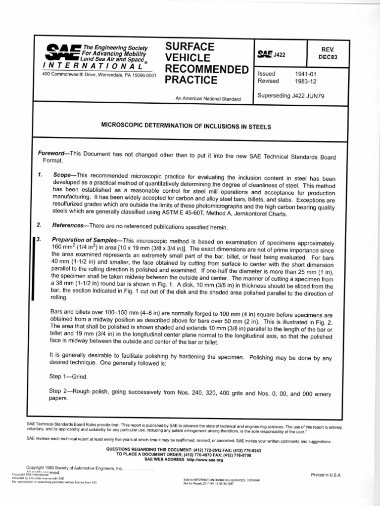 Sae J422 Microscopic Determination of Inclusions in Steels | PDF ...