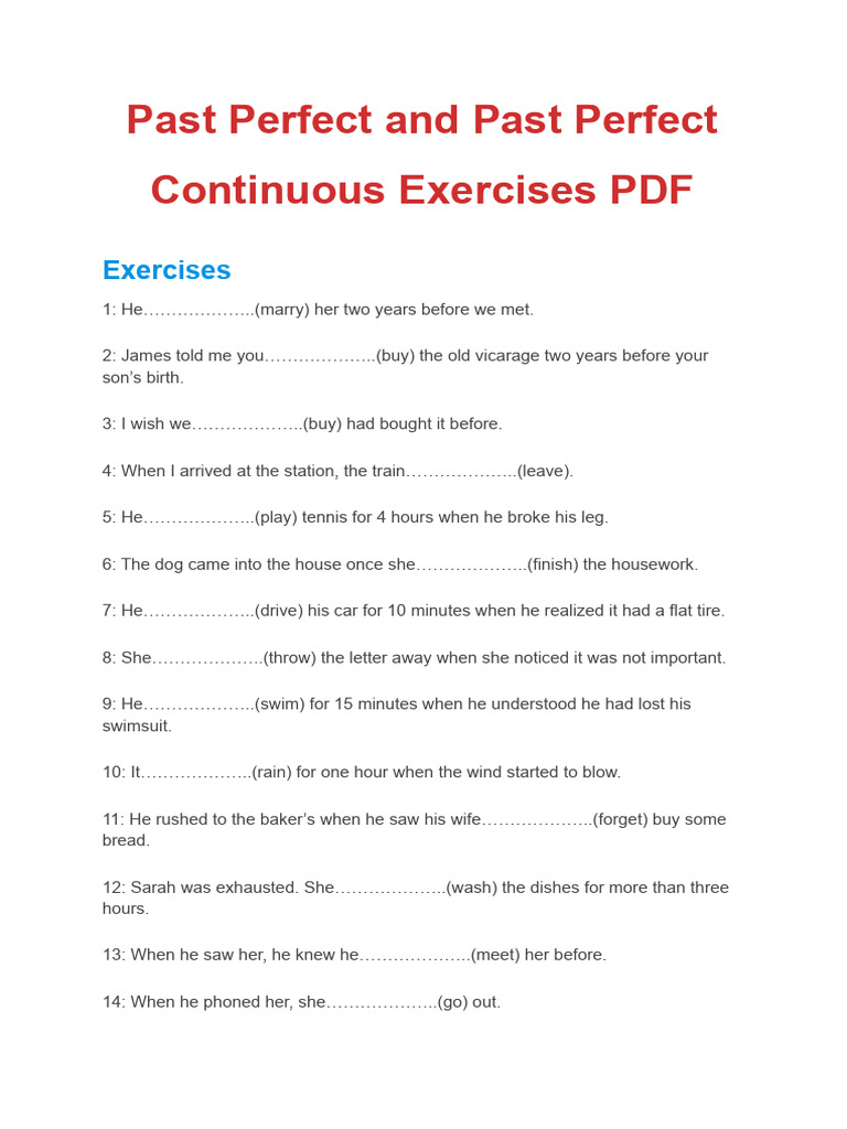 Past Perfect & Continuous Exercises PDF | PDF | Language Arts & Discipline