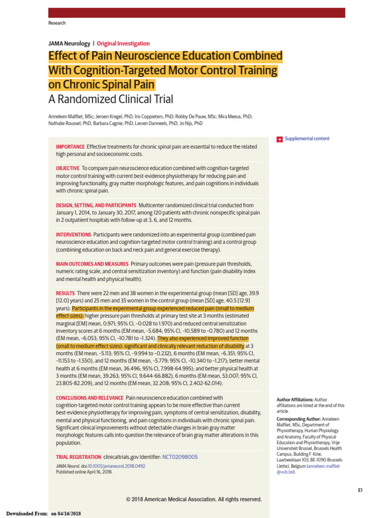 Effect of Pain Neuroscience Education Combined With Cognition Targeted ...
