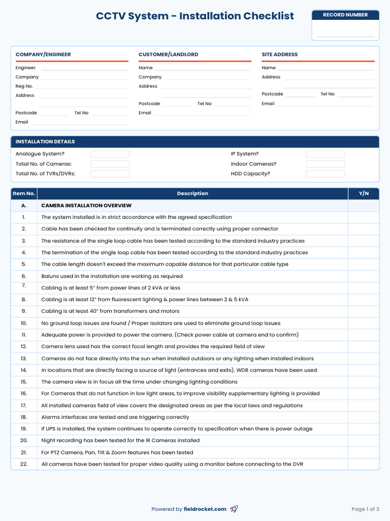 CCTV System Installation Checklist Template | PDF | Closed Circuit Television | Camera