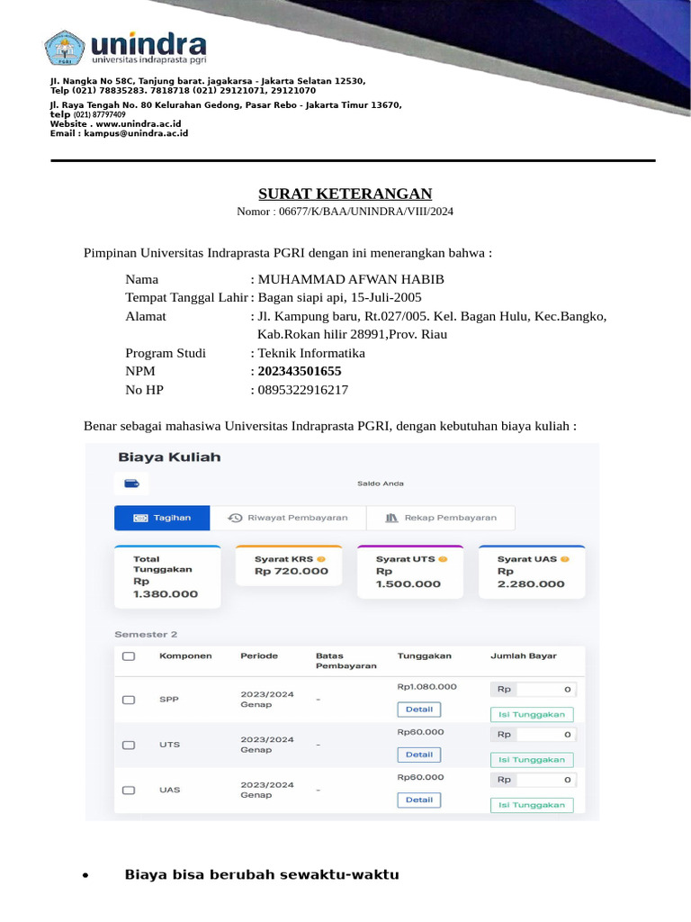 Surat Keterangan Universitas Indraprasta 0111 | PDF
