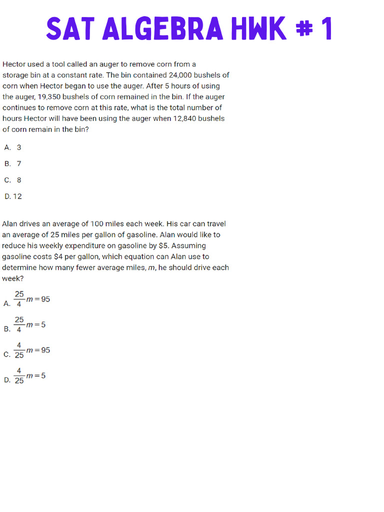 SAT Algebra HWK # 1 | PDF