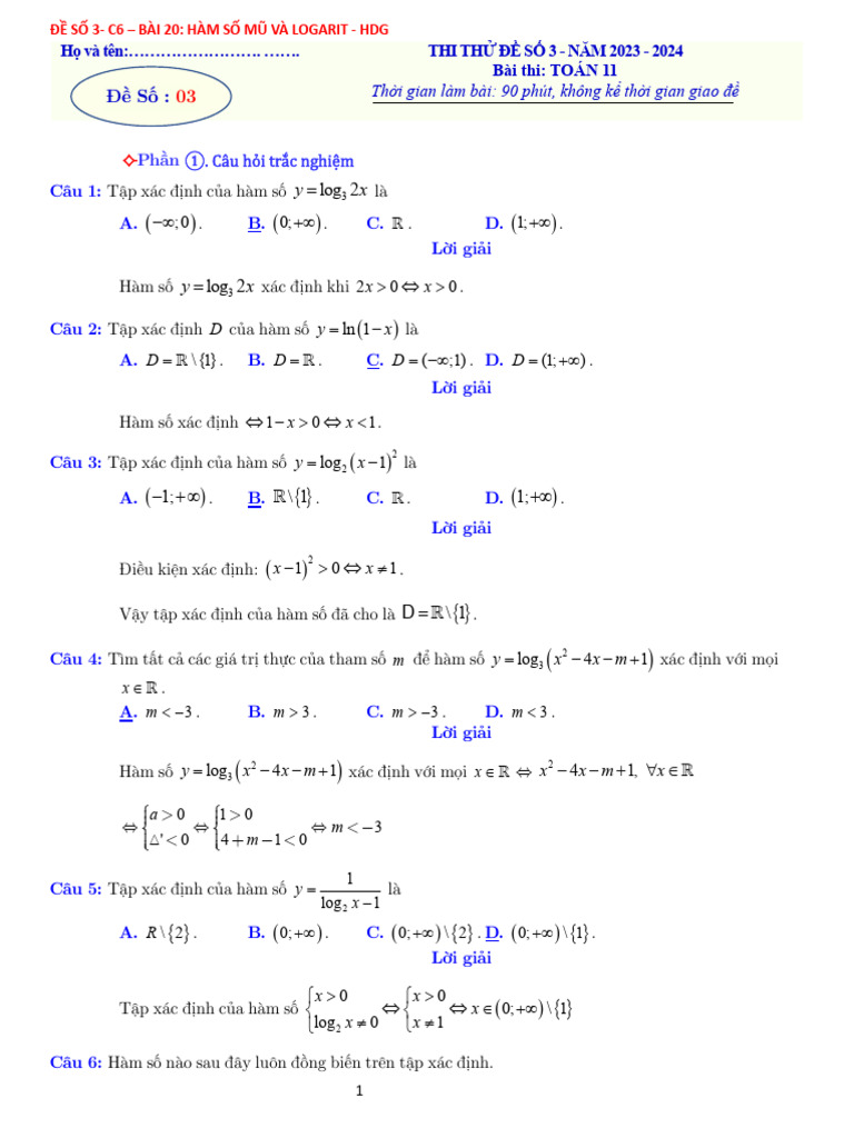 Đề3-C6-B20-Ham So Mu Va Logarit-Hdg | PDF