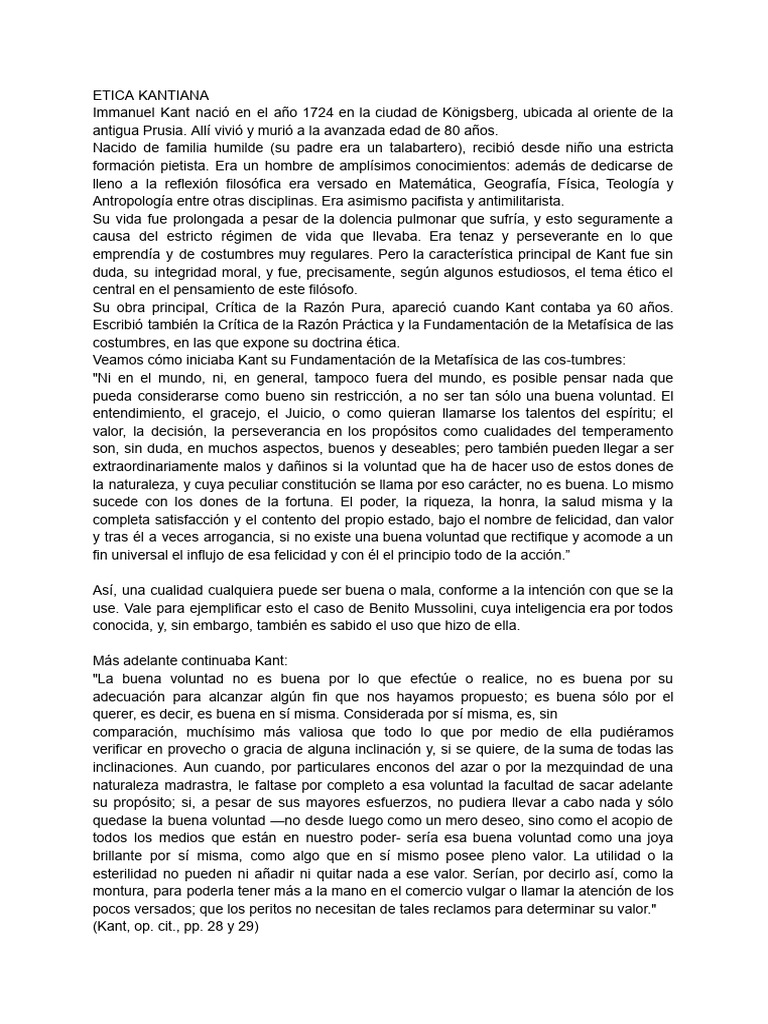 Etica Kantiana | PDF | Immanuel Kant | Moralidad