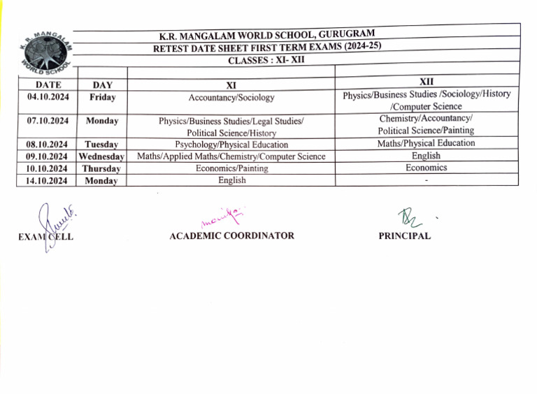 Retest Datesheet Classes XI N XII | PDF