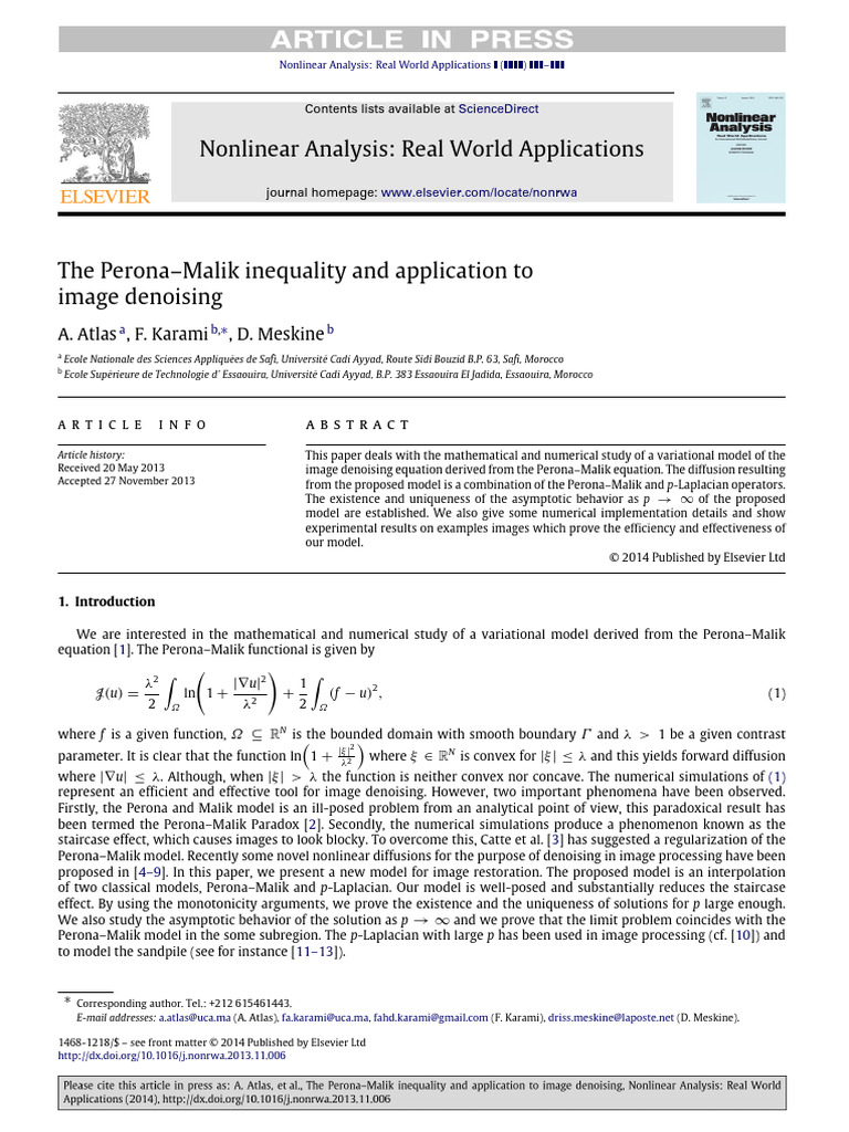 The Perona-Malik Inequality and Application To Image Denoising by Atlas, Karami, Meskine | PDF ...
