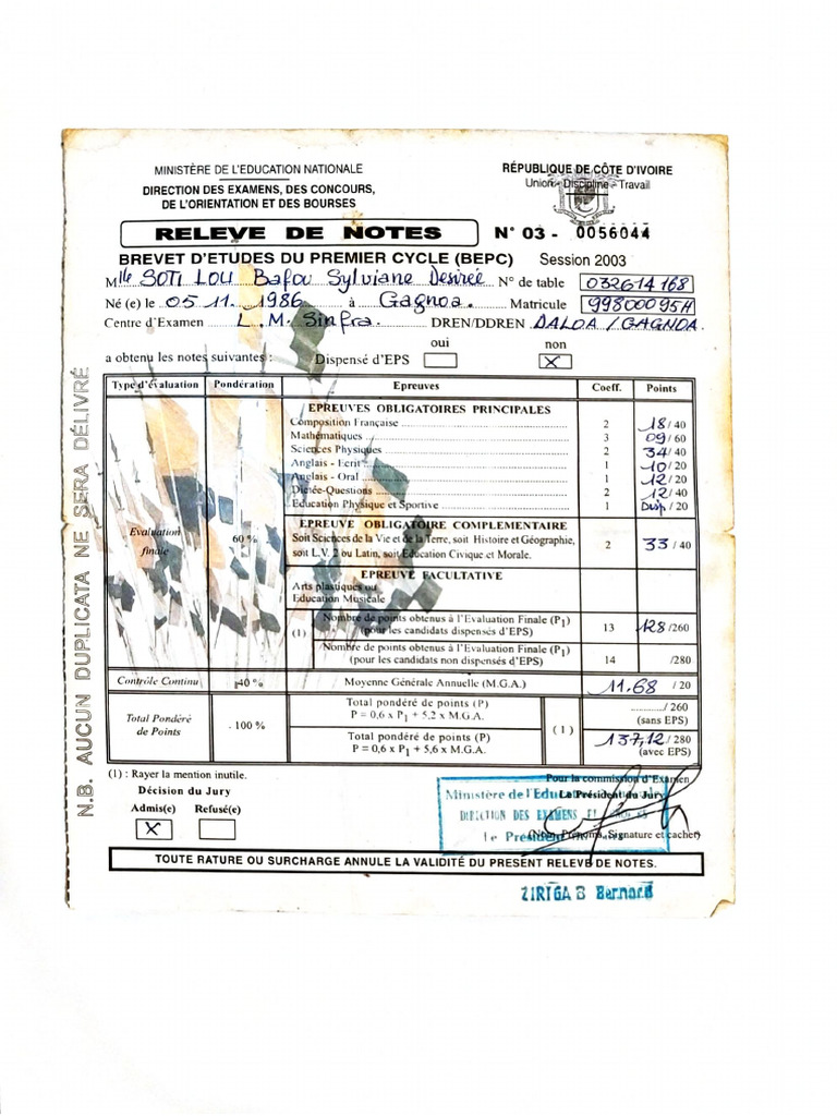 Releve de Note Bepc | PDF