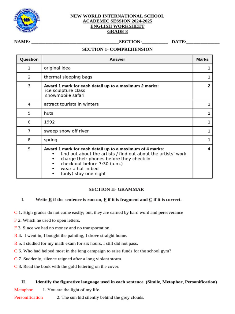 English WS-ANSWER KEY | PDF