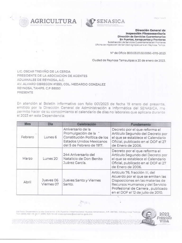 Oficio Senasica B00.03.01.02.0050-0155-2023 | PDF