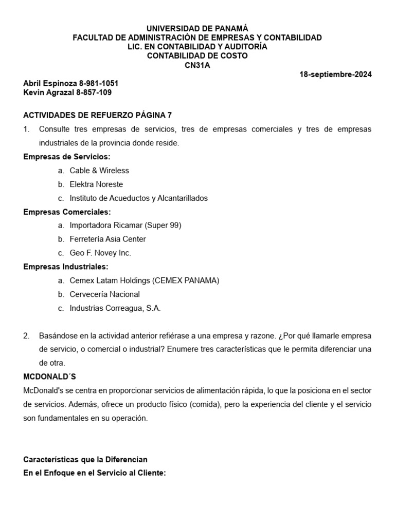 Contabilidad de Costo Act Pag 6 y 7 | PDF | Contabilidad | Estado ...