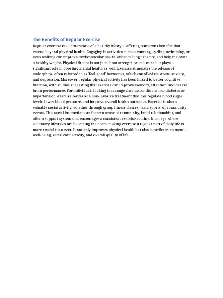 The Benefits of Regular Exercise One Page Essay | PDF