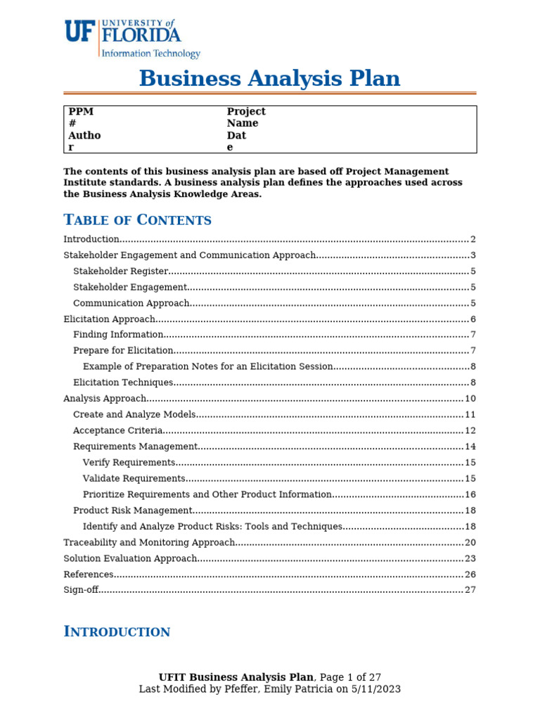 UFIT-Business-Analysis-Plan-Template | PDF | Business Analysis | Risk