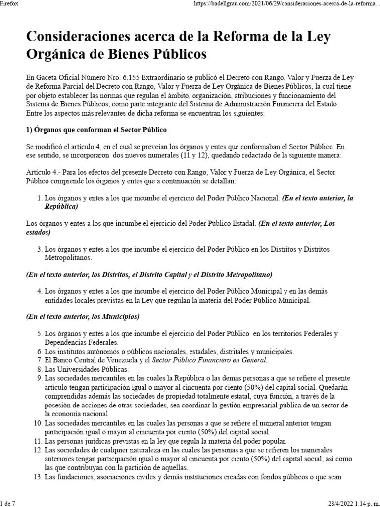 Consideraciones Acerca de La Reforma de La Ley Organica de Bienes ...