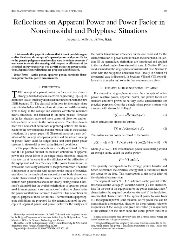 Reflections On Apparent Power and Power Factor in Nonsinusoidal and ...