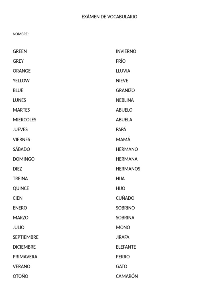 Exámen de Vocabulario | PDF