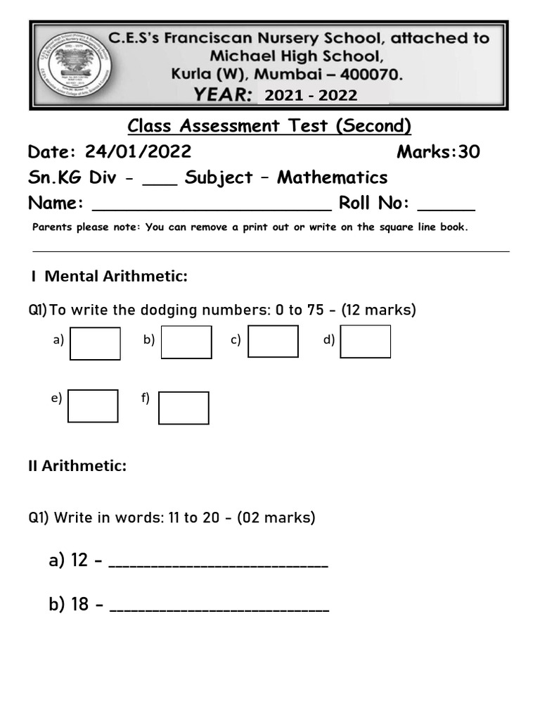 Class 2 Maths Assessment Test | PDF