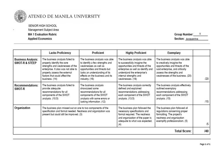 App Econ MA1 Rubric.docx | PDF | Swot Analysis | Business Analysis
