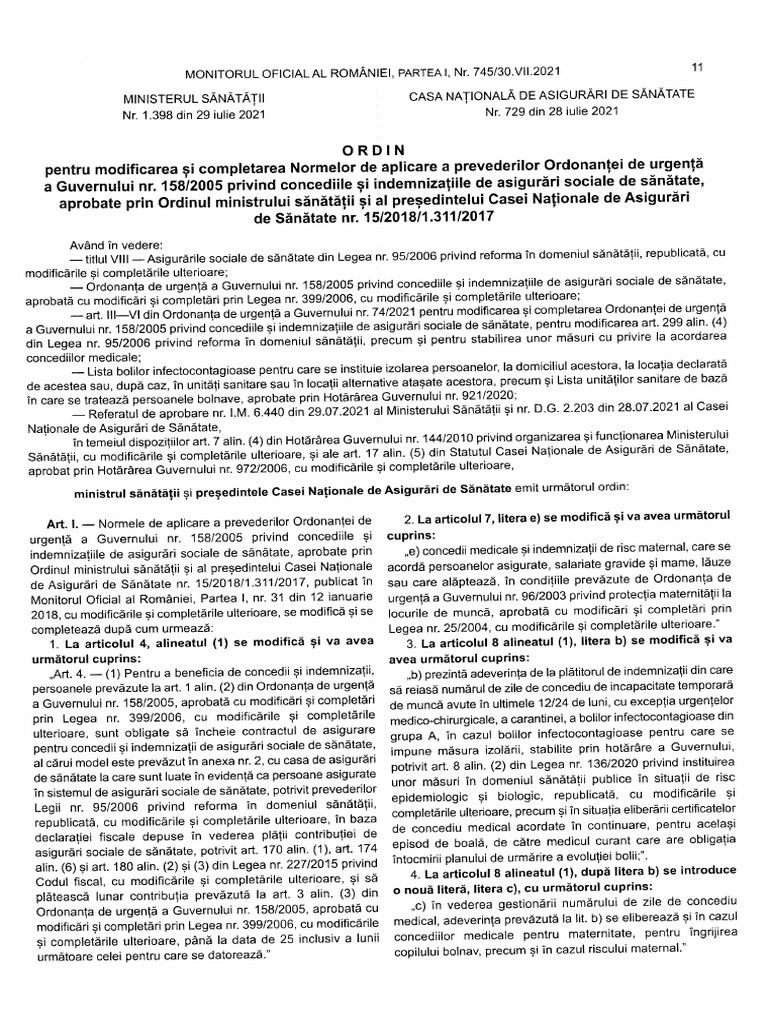 Ordin 1398 - 729 - 2021 - Norme Concedii Medicale | PDF