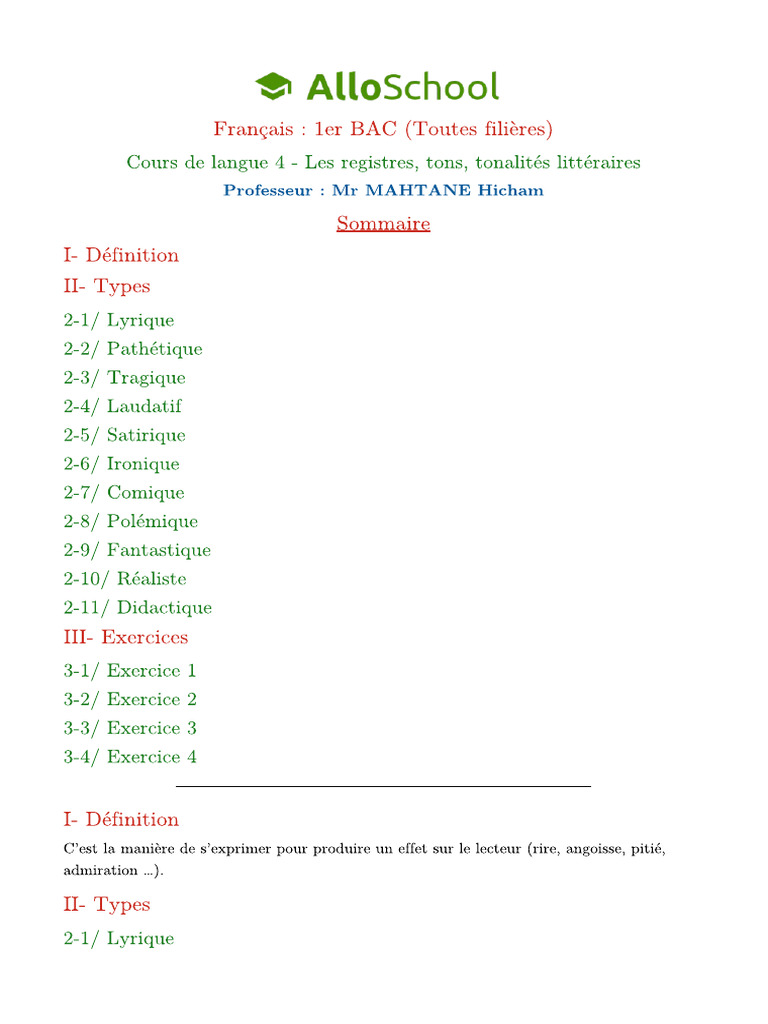 Cours de Langue 4 Les Registres Tons Tonalites Litteraires 2 | PDF