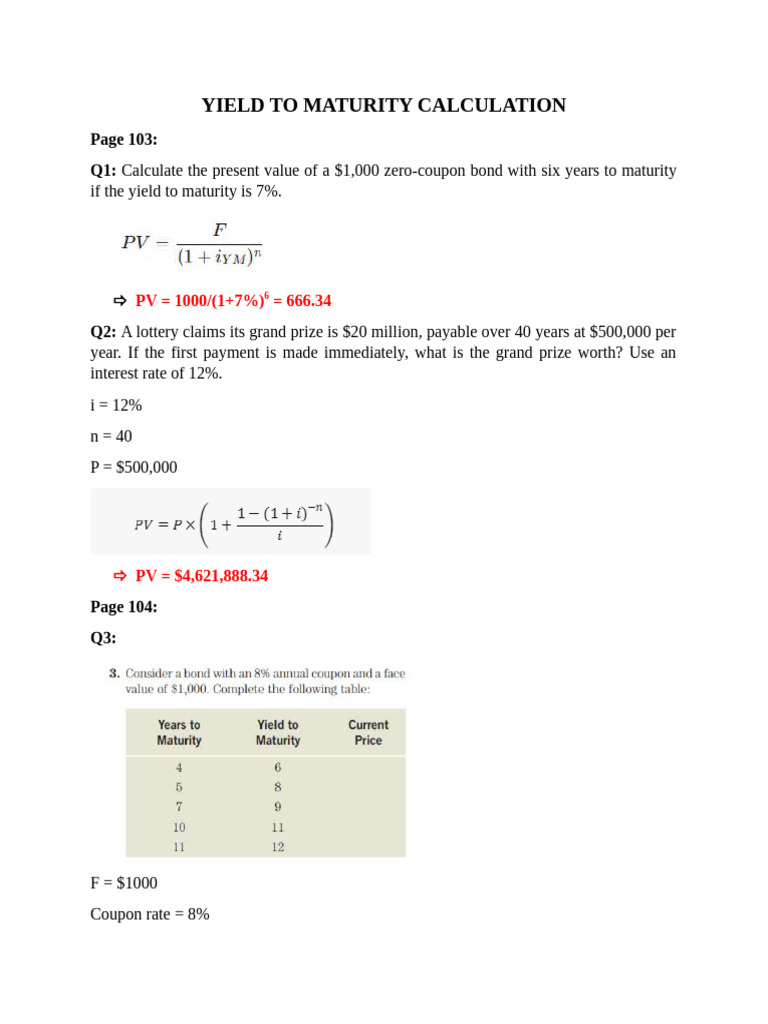 Yield To Maturity Calculation | PDF