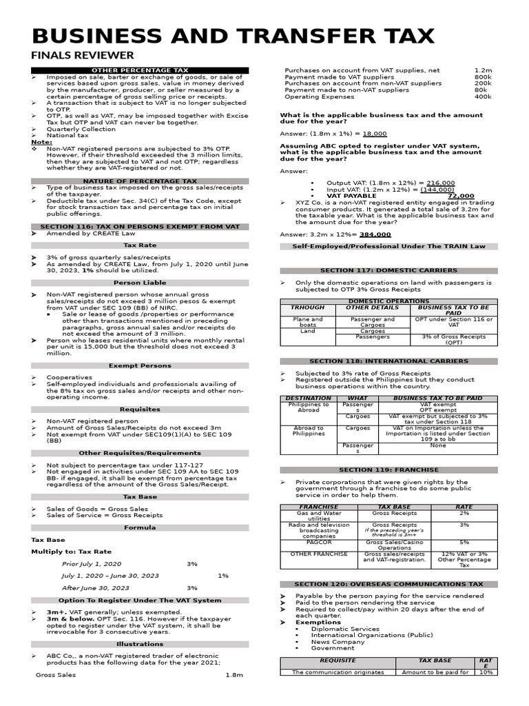 Overview of Other Percentage Tax Regulations | PDF | Value Added Tax ...
