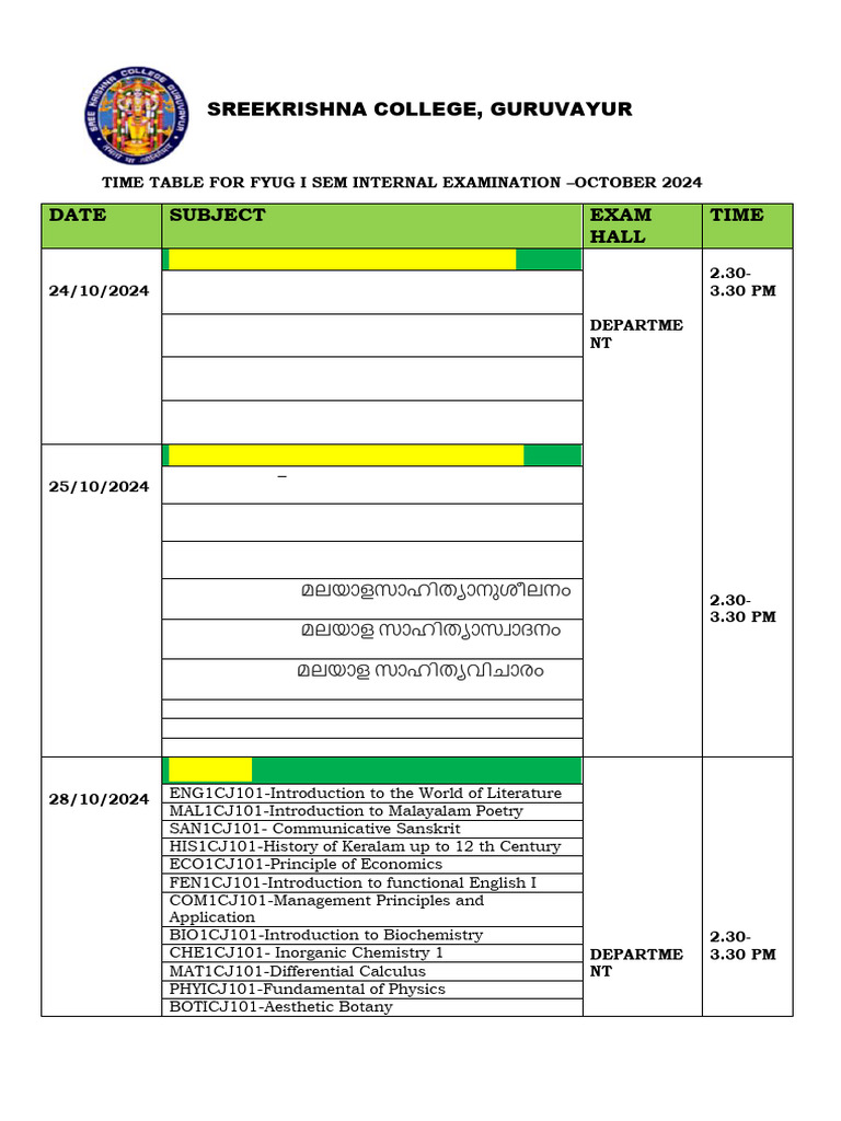 Fyugp Sem Internal Time Table 24-2024-10-20-04-23-29.397 | PDF