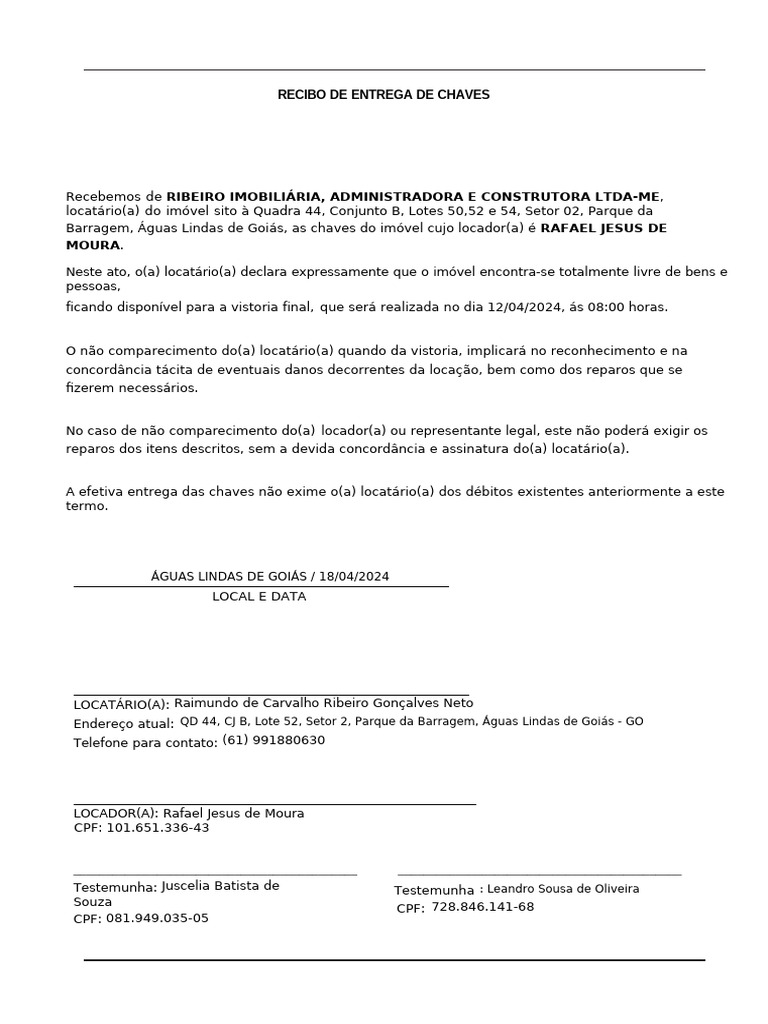 Recibo de Entrega de Chaves | PDF