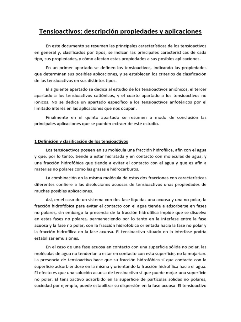 Tensioactivos: Tipos y Aplicaciones | PDF | Tensioactivo | Ácido