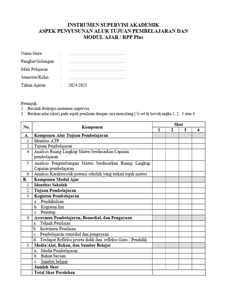 Instrumen Supervisi Akademik 2024 - ATP Dan Modul Ajar | PDF