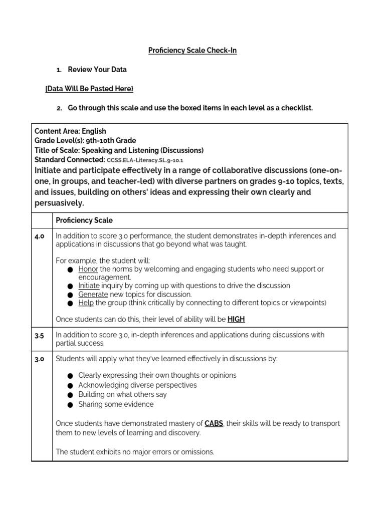 Proficiency Scale Check-In - Speaking and Listening Checklist ...