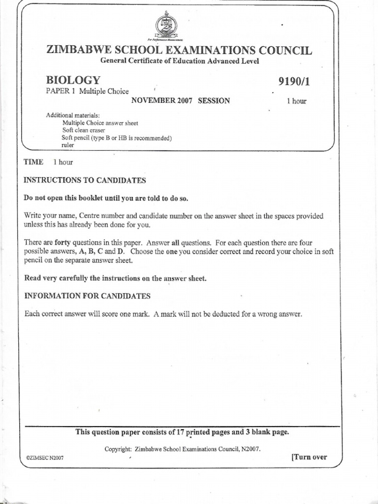 Bio November 2007 Paper1 | PDF