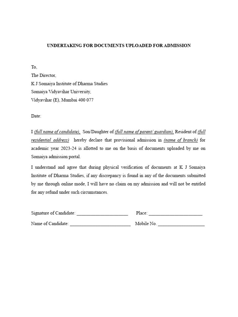 KJ Somaiya Admission Undertaking Form | PDF