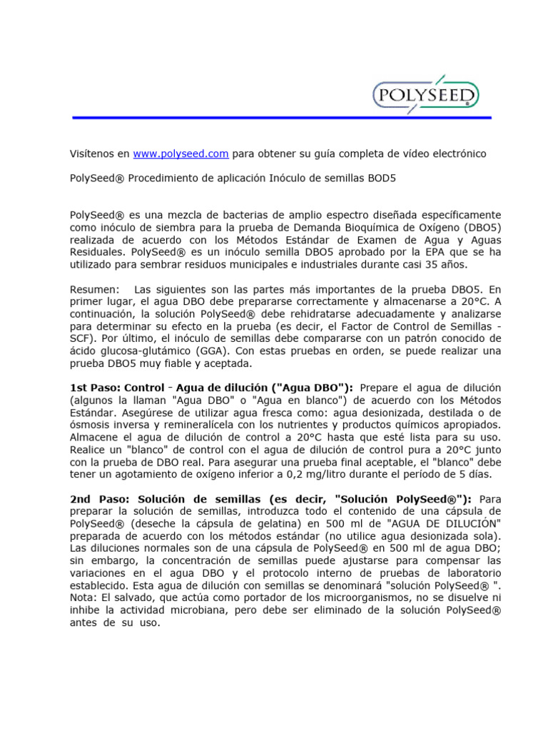 Procedimiento PolySeed® para DBO5 | PDF | Agua | Química