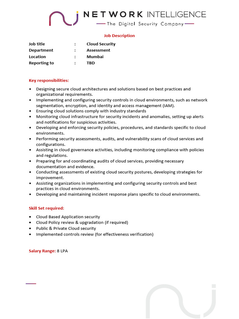 Cloud Security Job Description | PDF