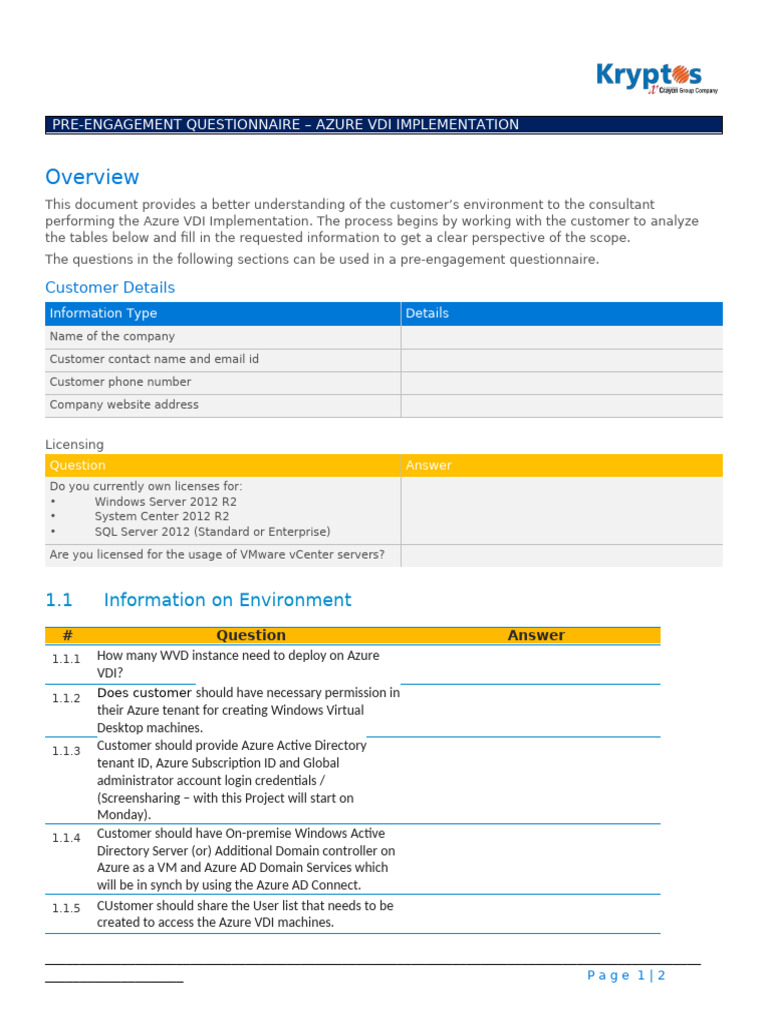 Pre-Engagement Questionnaire - Azure VDI Implement V - 1.0 | PDF | Desktop Virtualization ...