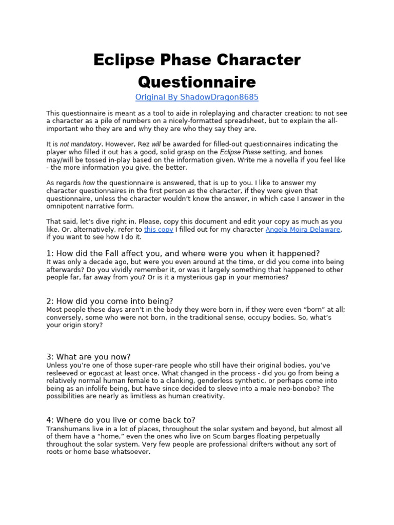 Eclipse Phase - Character Questionnaire | PDF | Technological Singularity | Creative Commons License