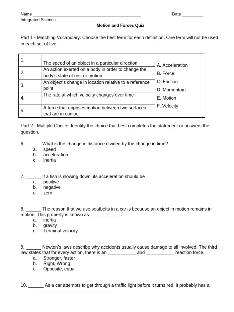 Quiz MotionForcesQuizPT1-2 | PDF | Force | Acceleration
