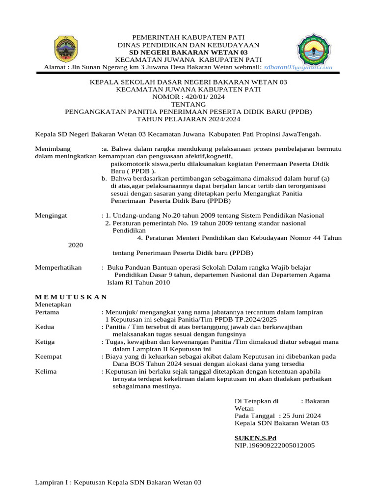 SK Panitia PPDB 2023 2024 | PDF