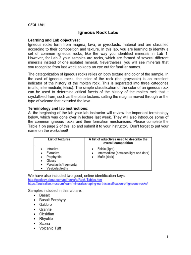 GEOL 1301 - Lab 02 - Igneous Rocks | PDF | Igneous Rock | Rock (Geology)